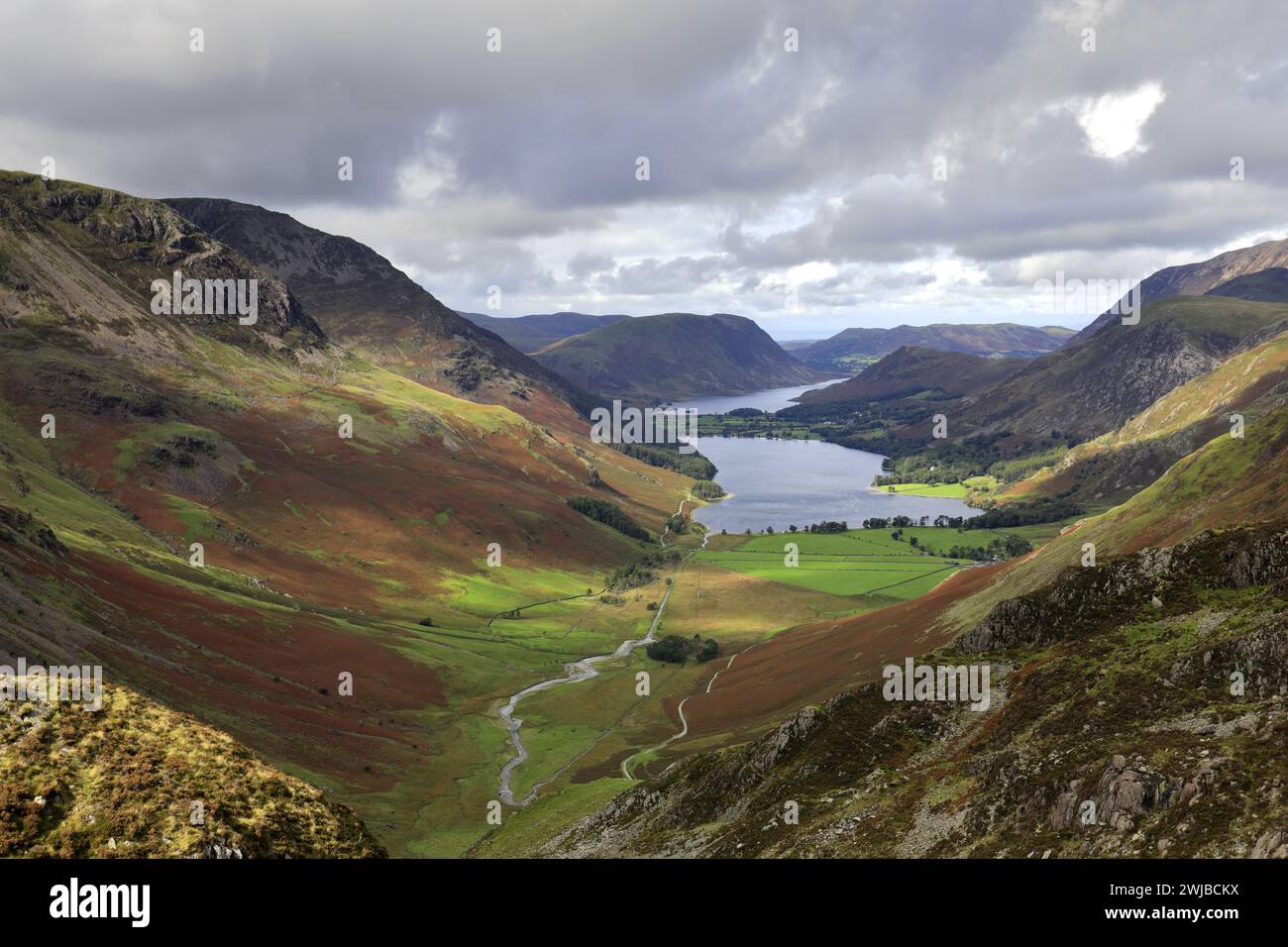 View over Buttermere from Fleetwith Pike Fell, Cumbria, Lake District ...