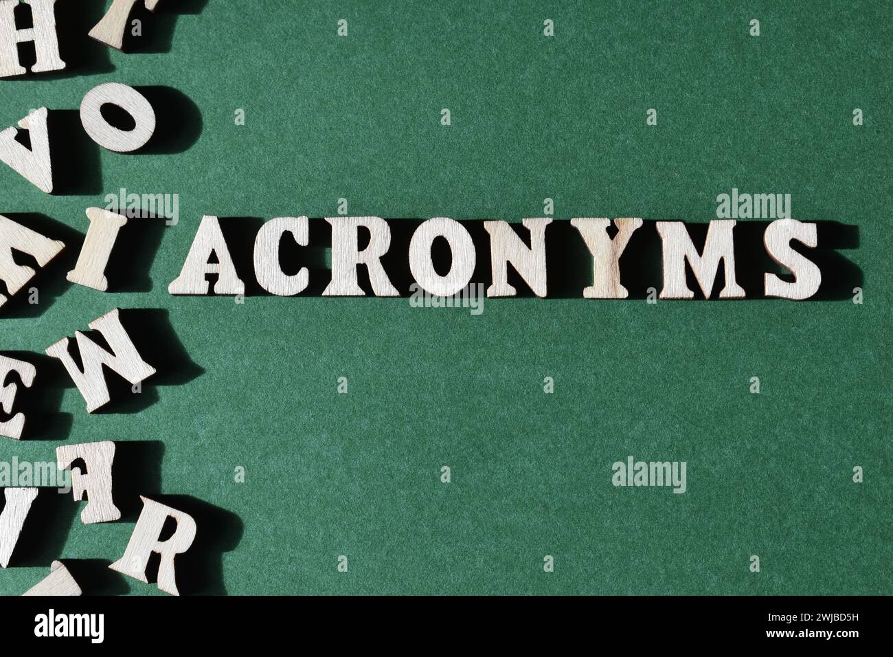 Acronyms, word and random wooden alphabet letters isolated on green ...