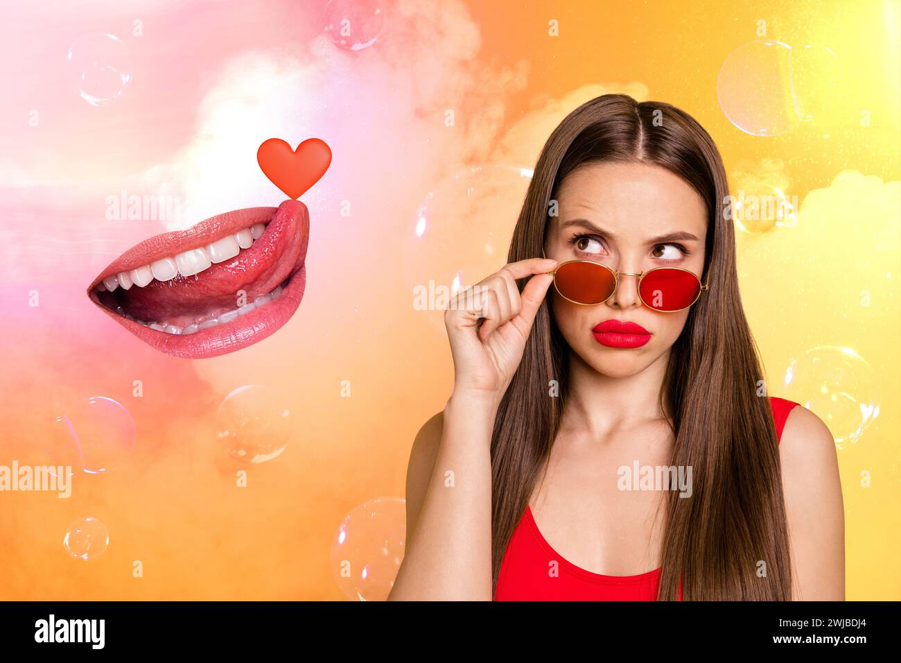 Collage pinup pop sketch image of doubtful unsure lady looking mouth ...