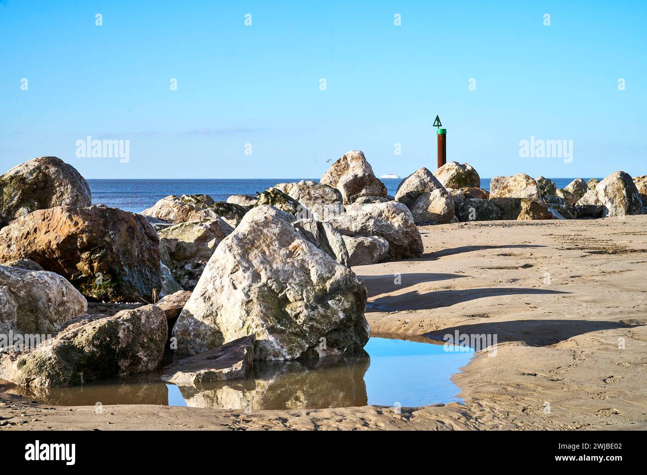 Large rocks placed on Cleveleys beach to help with flood defences Stock ...