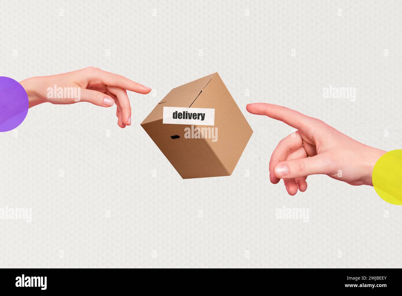 Horizontal composite design photo collage of hands holding carton pack ...