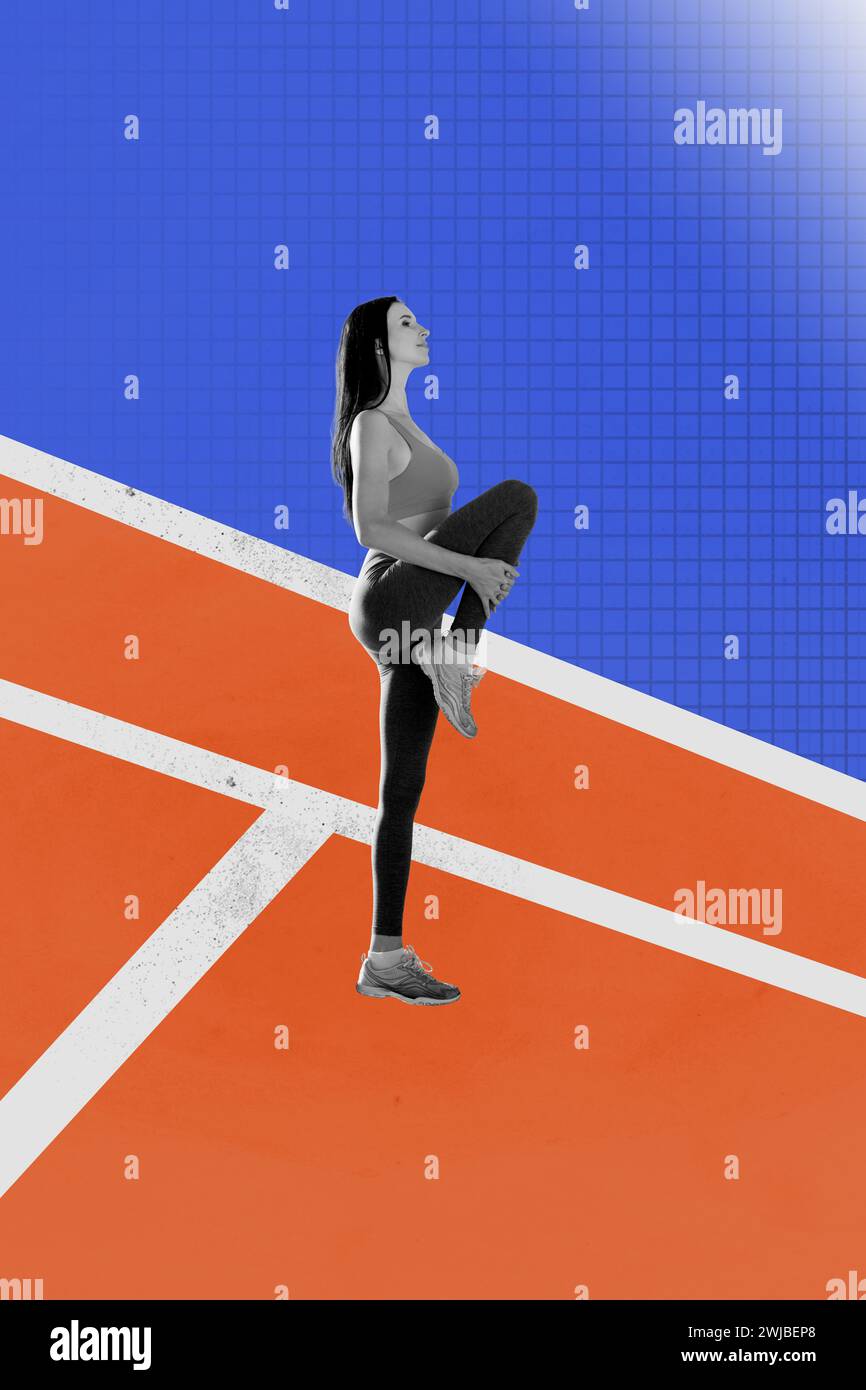 Vertical creative collage image of lovely female stretching leg warm up ...