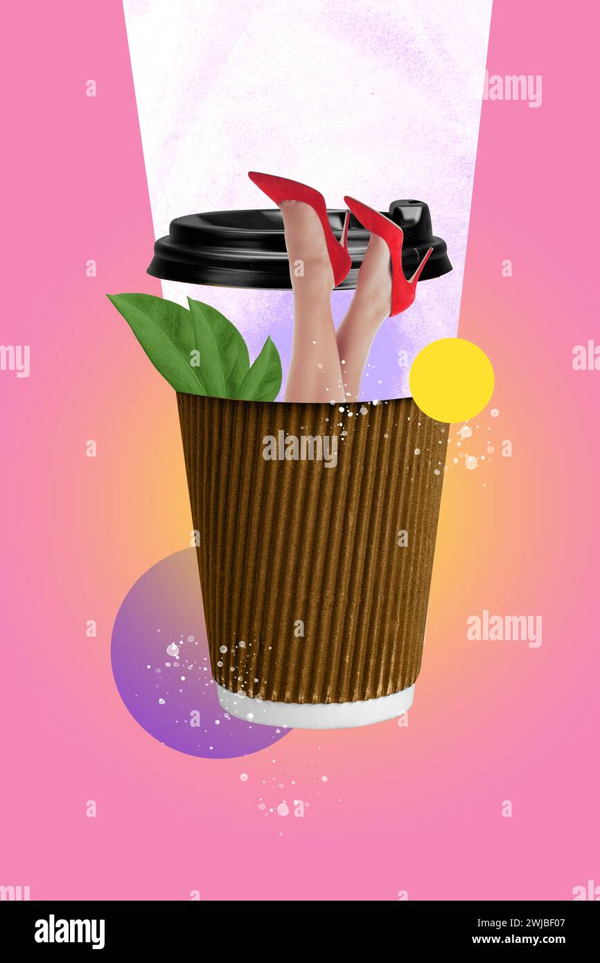 Vertical creative collage poster cup coffee tea cappuccino latte energy ...