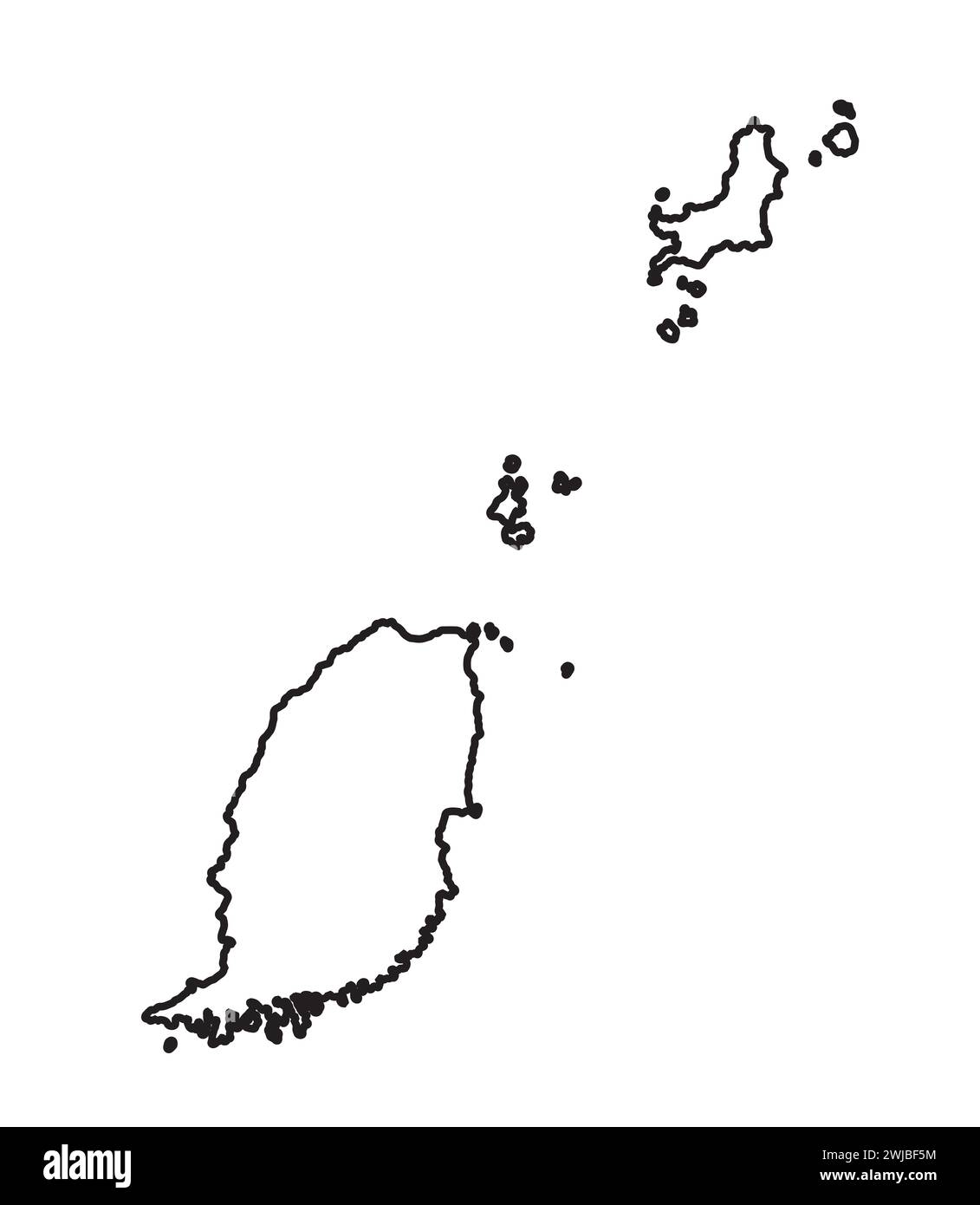 Grenada island in the Caribbean in black outline silhouette on a white ...