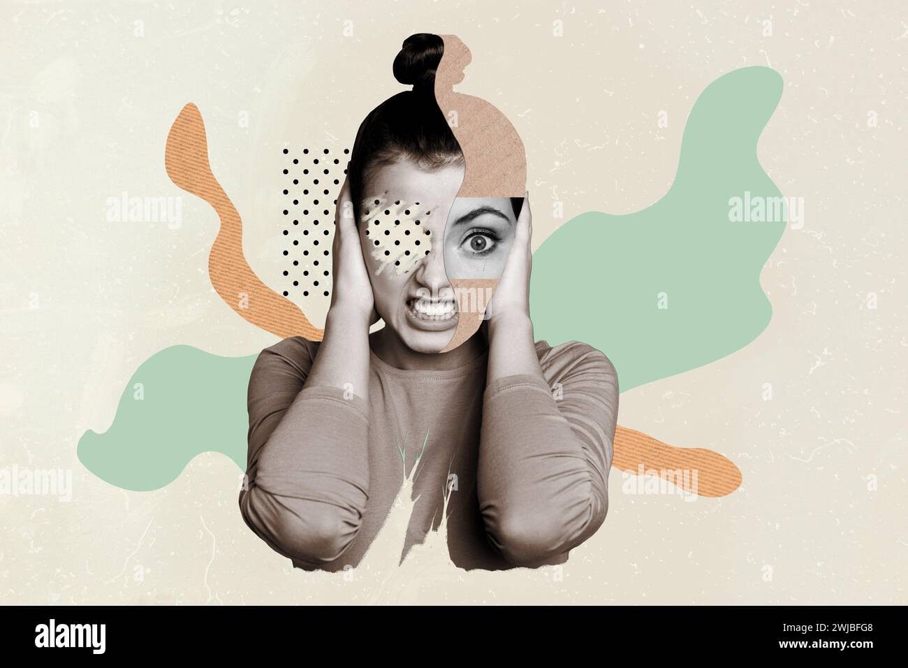 Strange unusual collage of woman close hands ears feel anger noisy ...