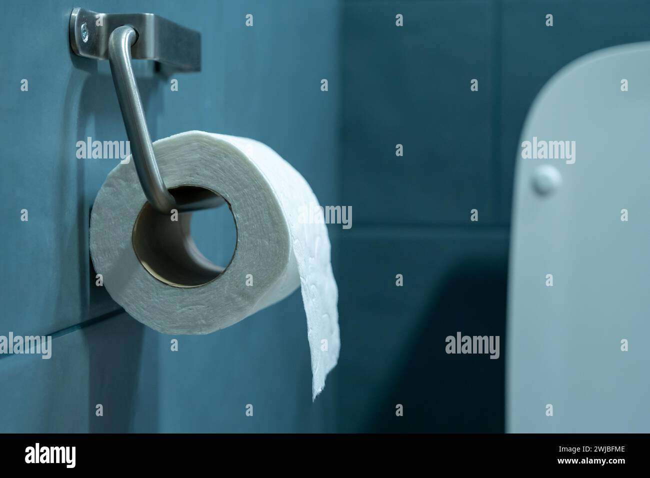 A roll of toilet paper, hanging on a metal holder on a turquoise ...