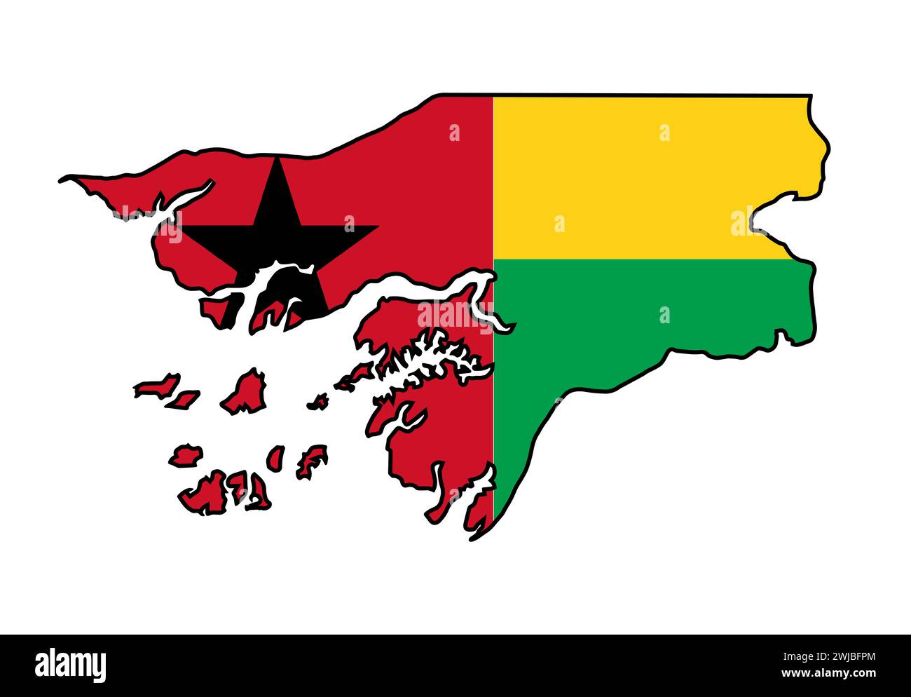 Guinea Bissau black silhouette map over the nationa; flag on a white ...