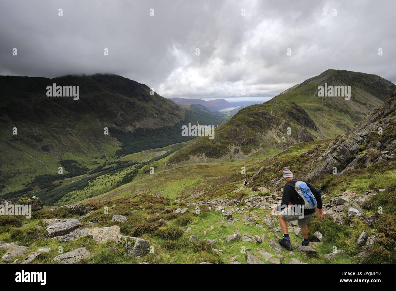 Walker on the path from Haystacks Fell, overlooking Buttermere, Cumbria ...