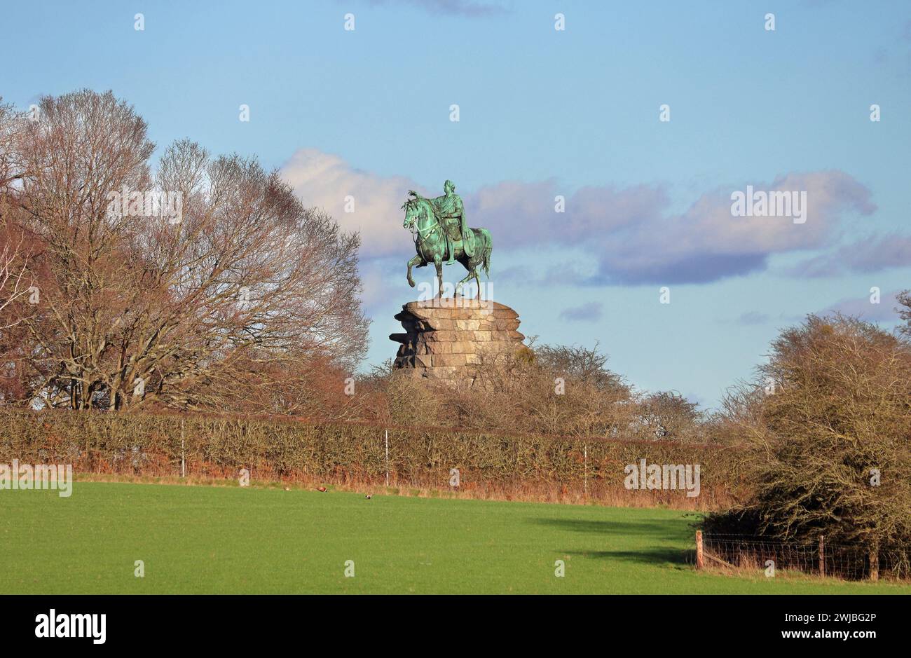 Bronze Statue of George III on Horseback against a blue winter sky, set ...