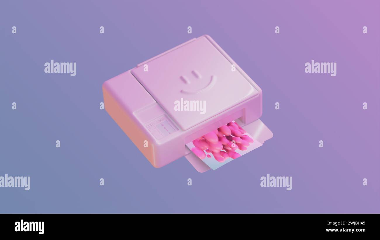 A cheerful funny printer with a white smiley face prints a beautiful ...