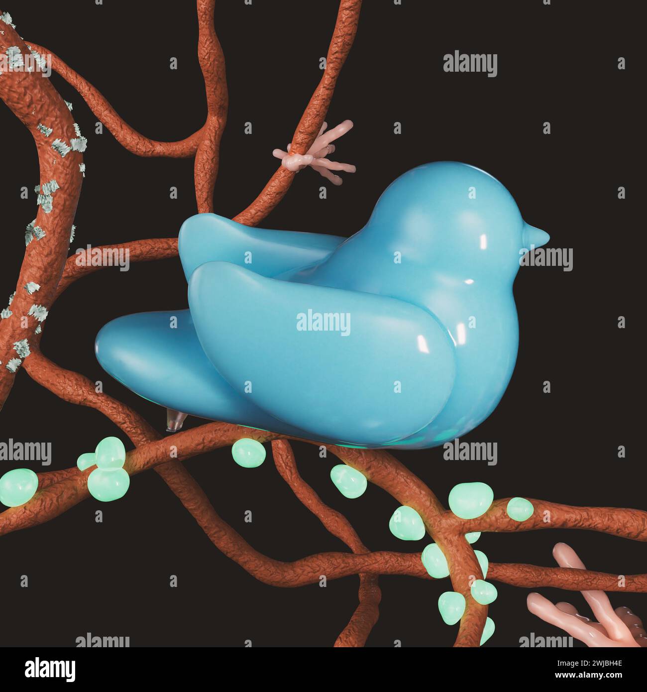 Rubber paradise blue bird sitting on an abstract branch. Flora and ...