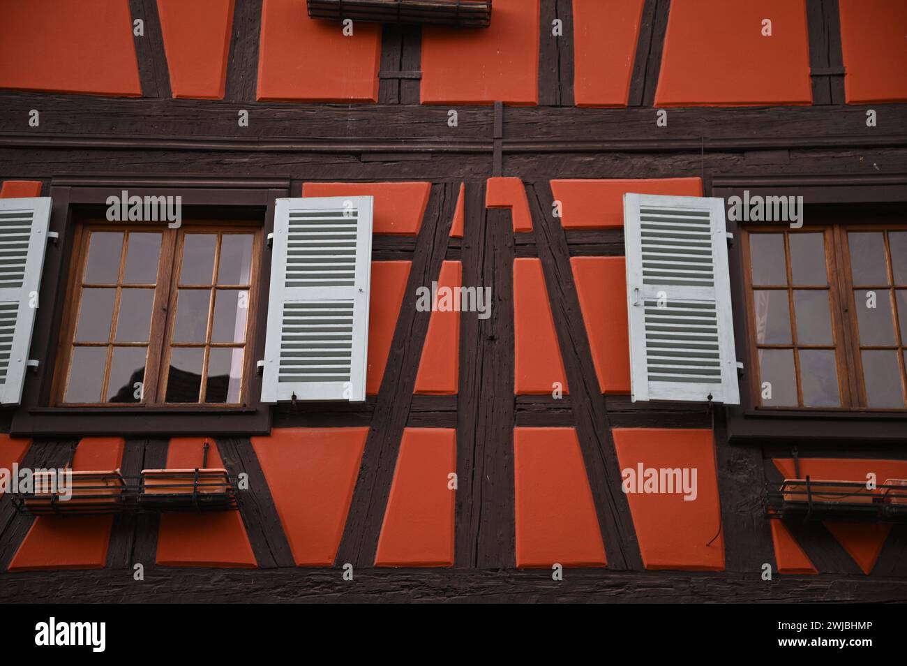 Landscape with scenic facade view of a traditional Alsatian half ...