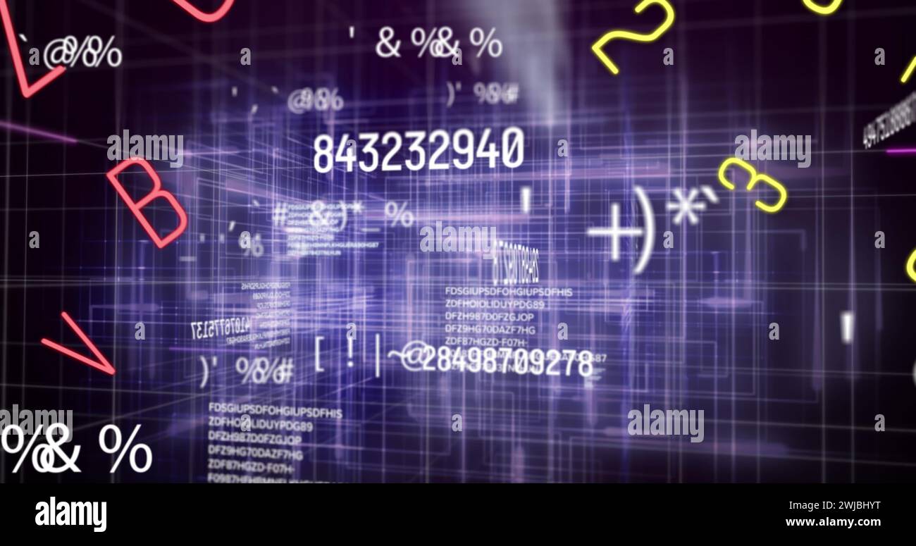 Digital image showcases dynamic numbers and symbols with purple light ...