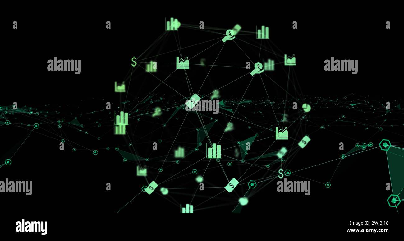 Digital image of globe of finance icons spinning against network of ...