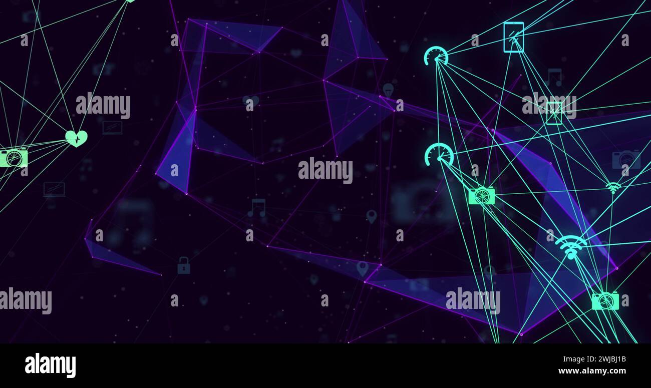 Digital image of globe of digital icons spinning against plexus networks on black background ...