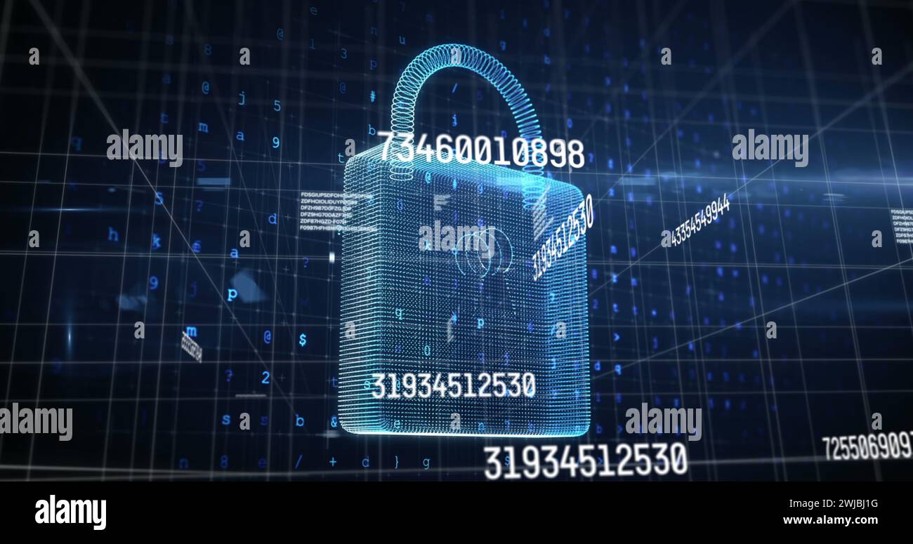 Digital image of multiple changing numbers against security padlock icon on blue background ...