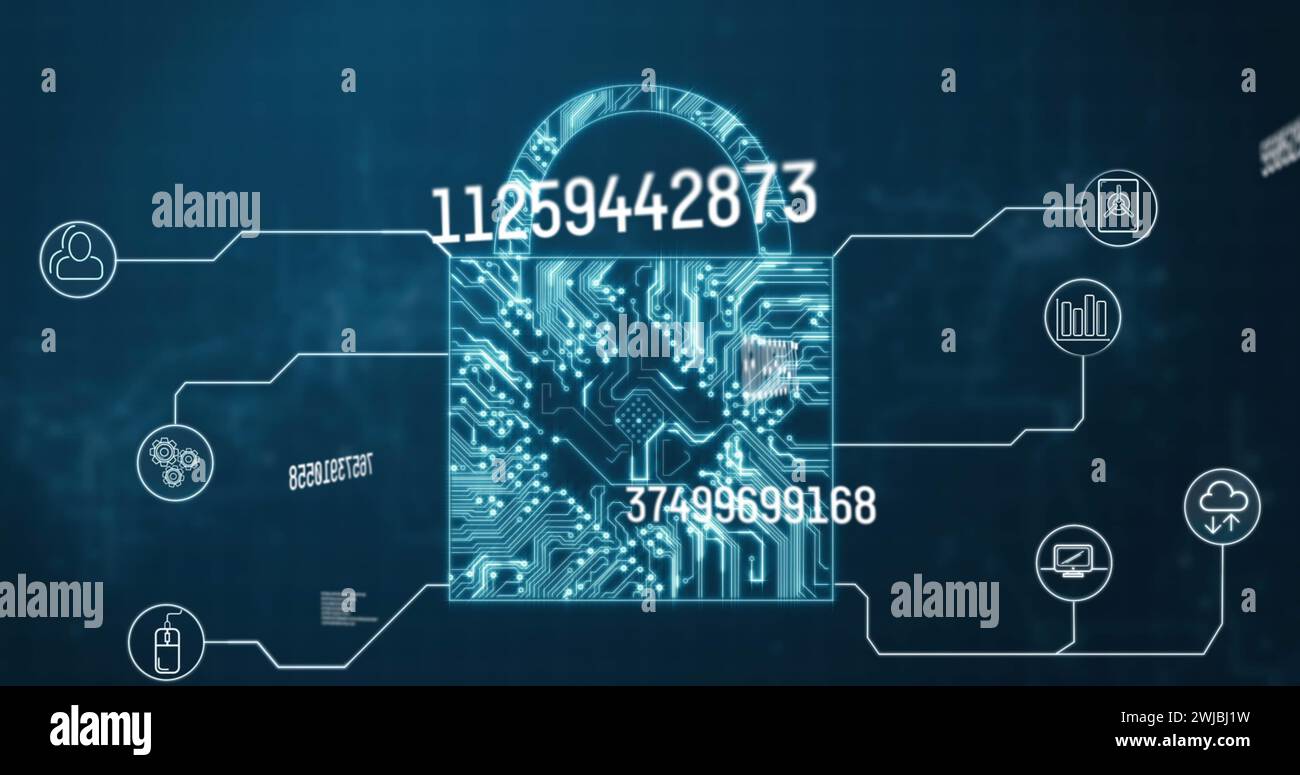 Digital image of changing numbers over security padlock icon against blue background Stock Photo ...