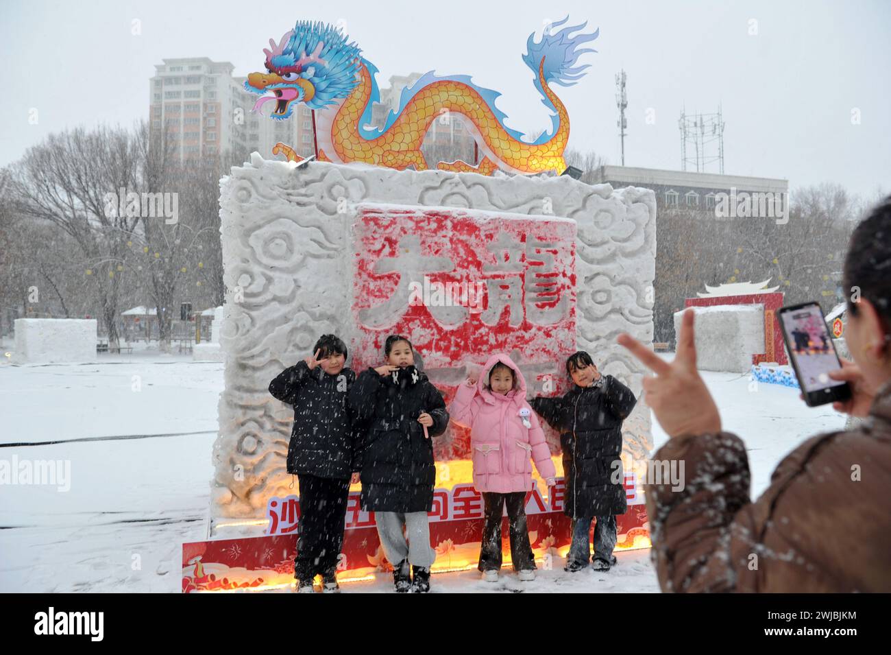 Tacheng, China. 14th Feb, 2024. Visitors are watching a snow sculpture ...