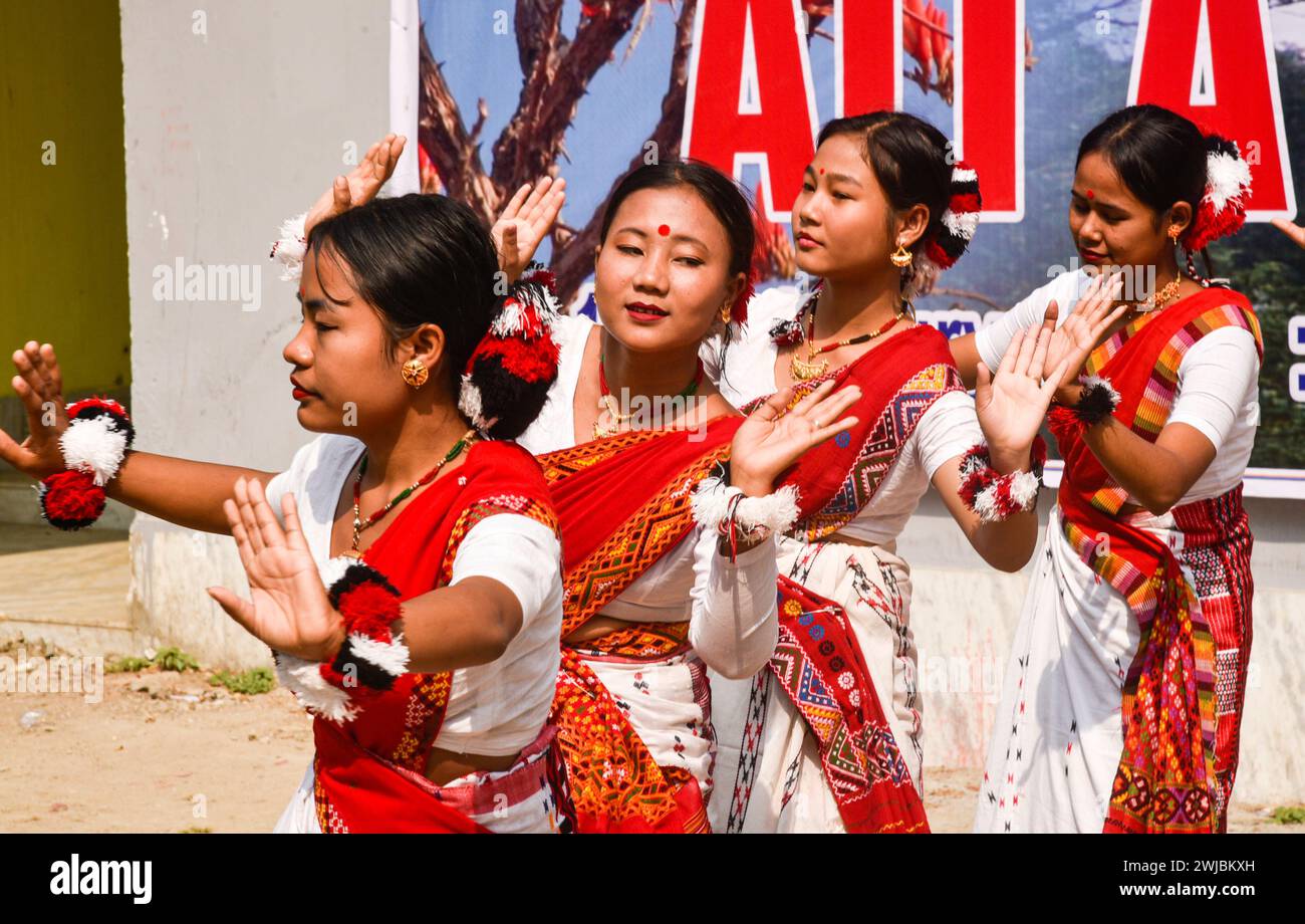 GUWAHATI,INDIA-14 FEBRUARY 2024:Mishing tribal girls perform a dance during the annual Ali Aye ...