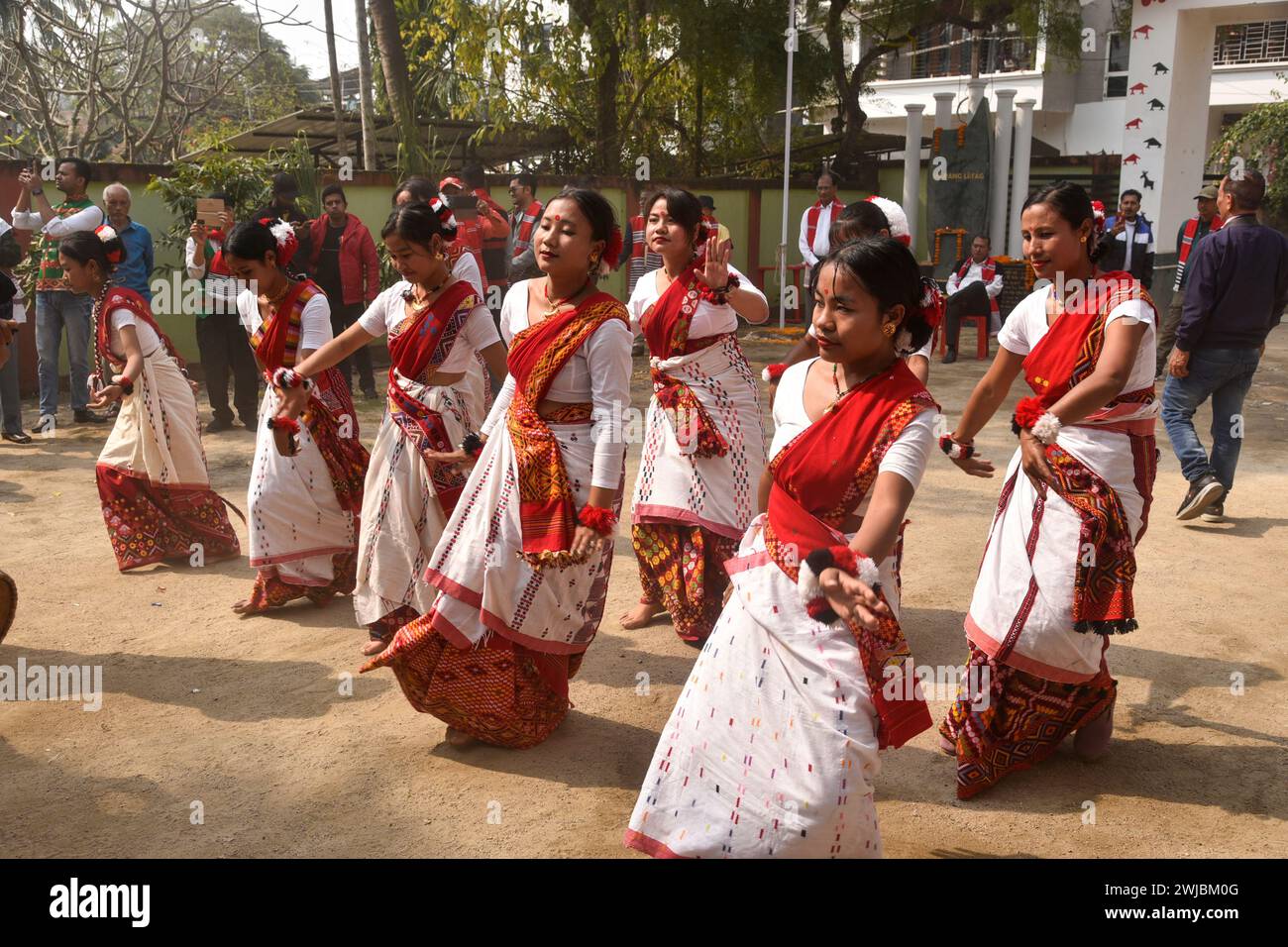 GUWAHATI,INDIA-14 FEBRUARY 2024:Mishing tribal girls perform a dance during the annual Ali Aye ...