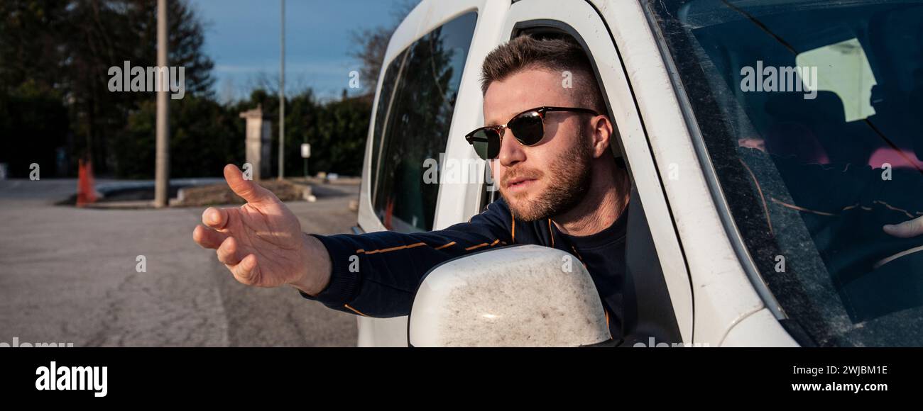 Horizontal banner or header with angry driver while driving on the ...