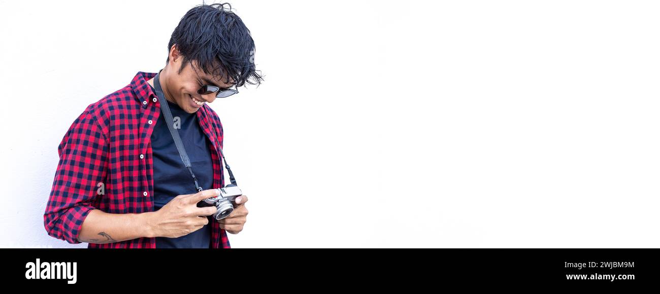 Horizontal banner or header with happy hipster asian man using old ...