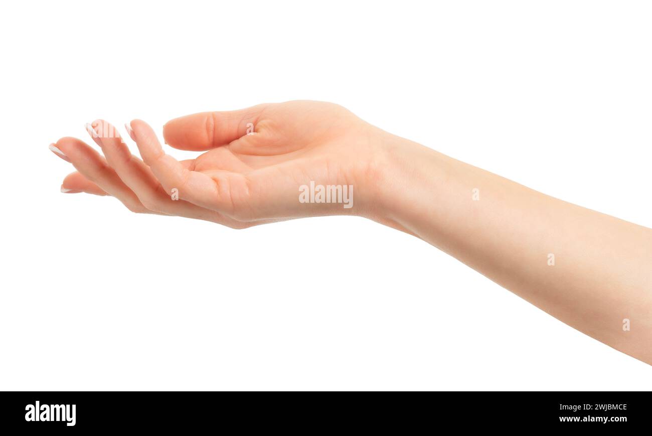 Female open empty hand isolated on white background with clipping path ...