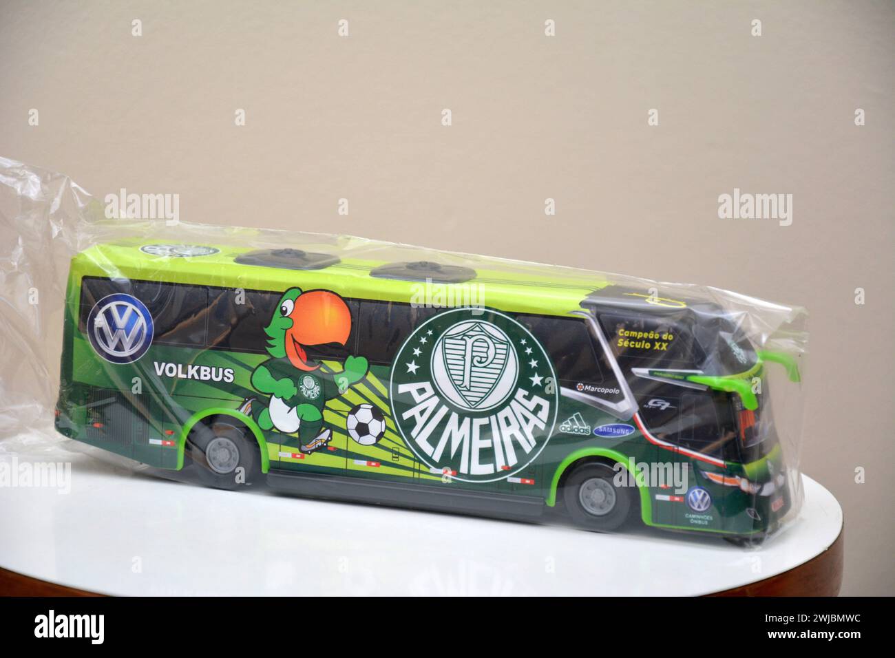 São Paulo, Brazil, 2023-11-30: Miniature Brazilian football club bus ...