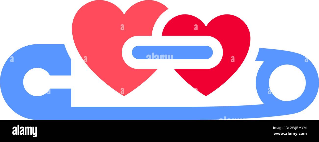 Two hearts pinned safety pin icon or Valentines day symbol, holiday ...