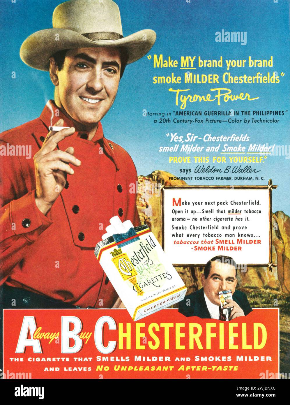 1950 Chesterfield cigarettes ad with Tyrone Power. "ABC always by ...