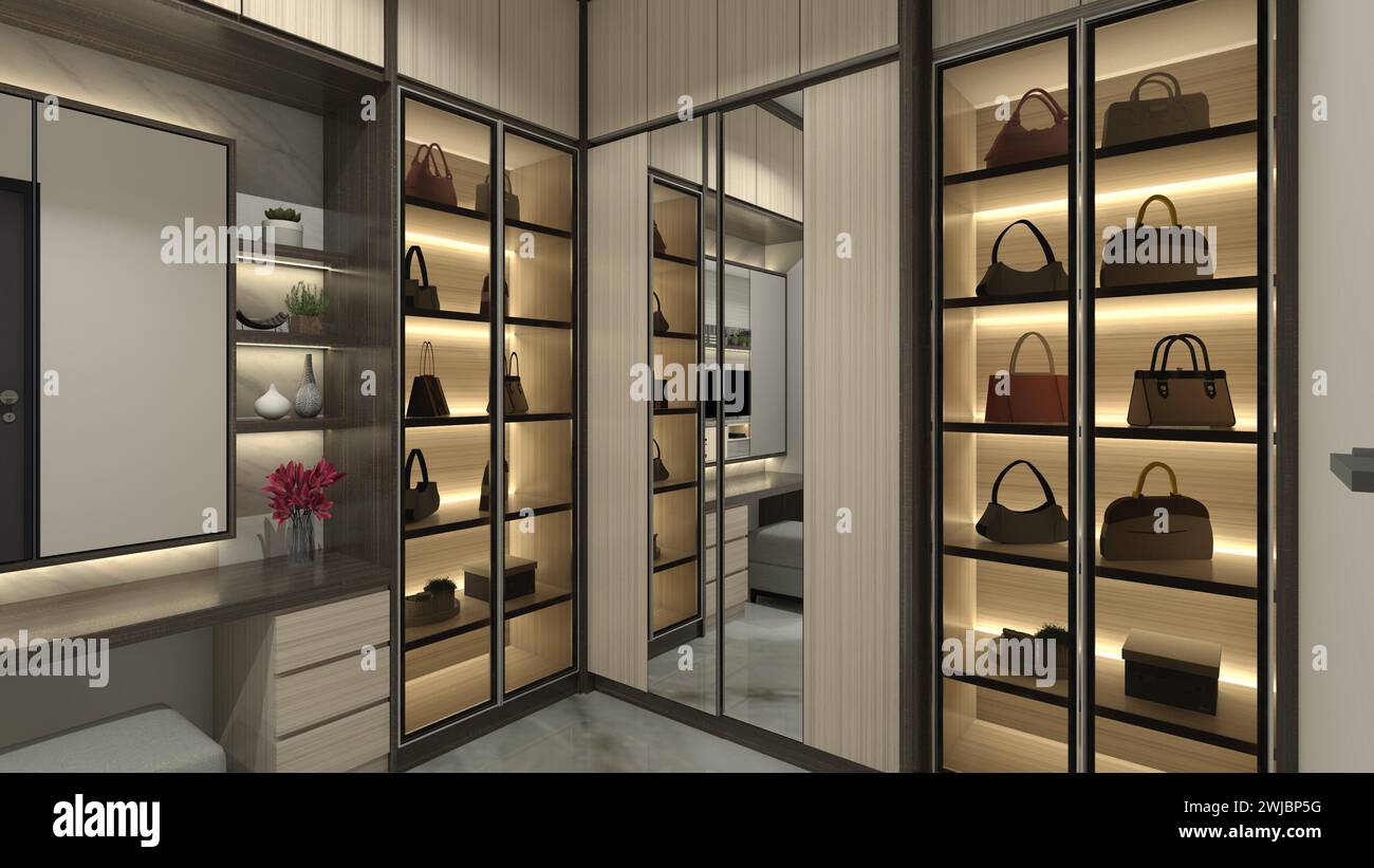 Luxury Walk in Closet Design with Bag Display Collection and Dressing ...