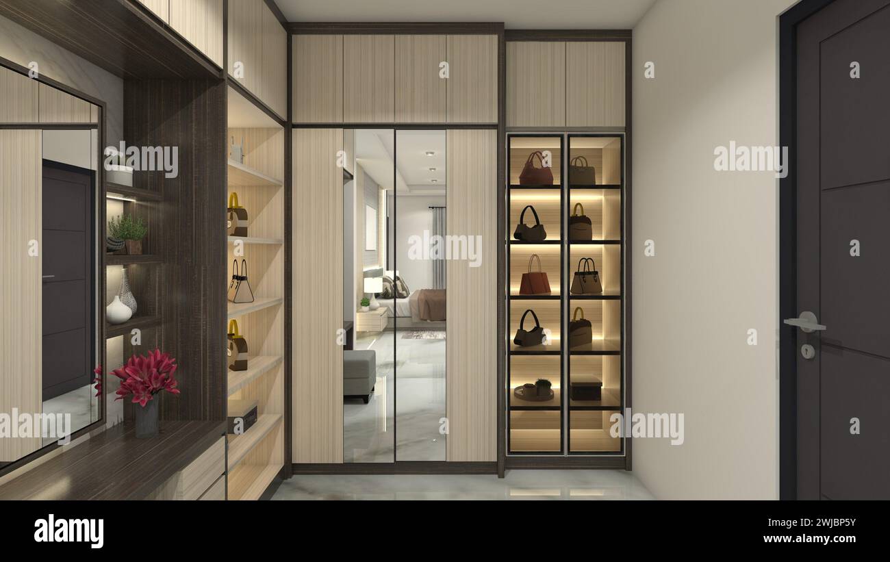 Luxury Wooden Clothes Wardrobe Idea with Bag Display Collection Stock ...