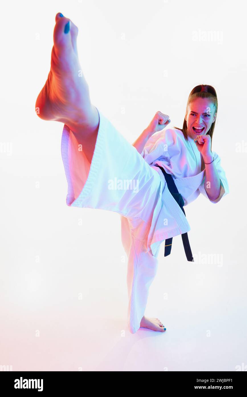 Top view portrait of karate fighter, master, woman shouting and ...