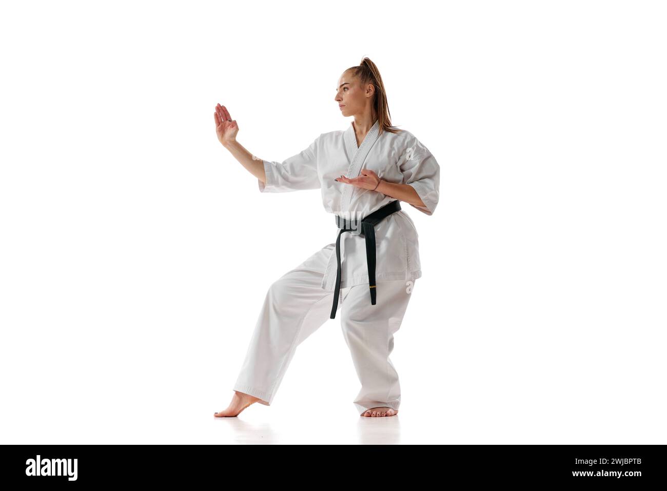 Woman professional karate fighter with black belt standing in position ...