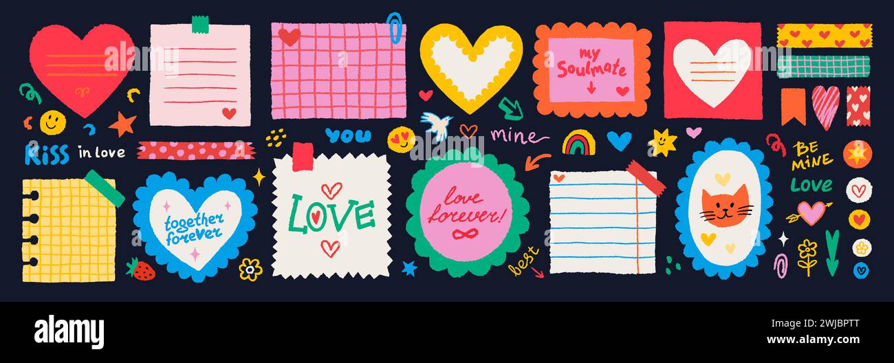Paper valentine memo notes on stickers. Vector vintage sticky notes and ...