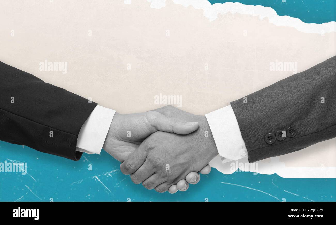 Art collage, handshake on background of white sheet of paper. The ...