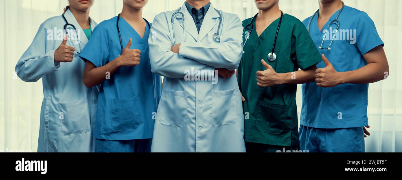 Confident and professional team of medical staff stand in line together ...