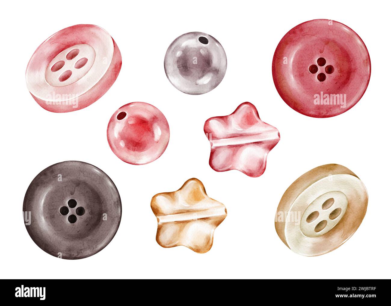 A set of colored beads and buttons. Watercolor hand-drawn isolated ...
