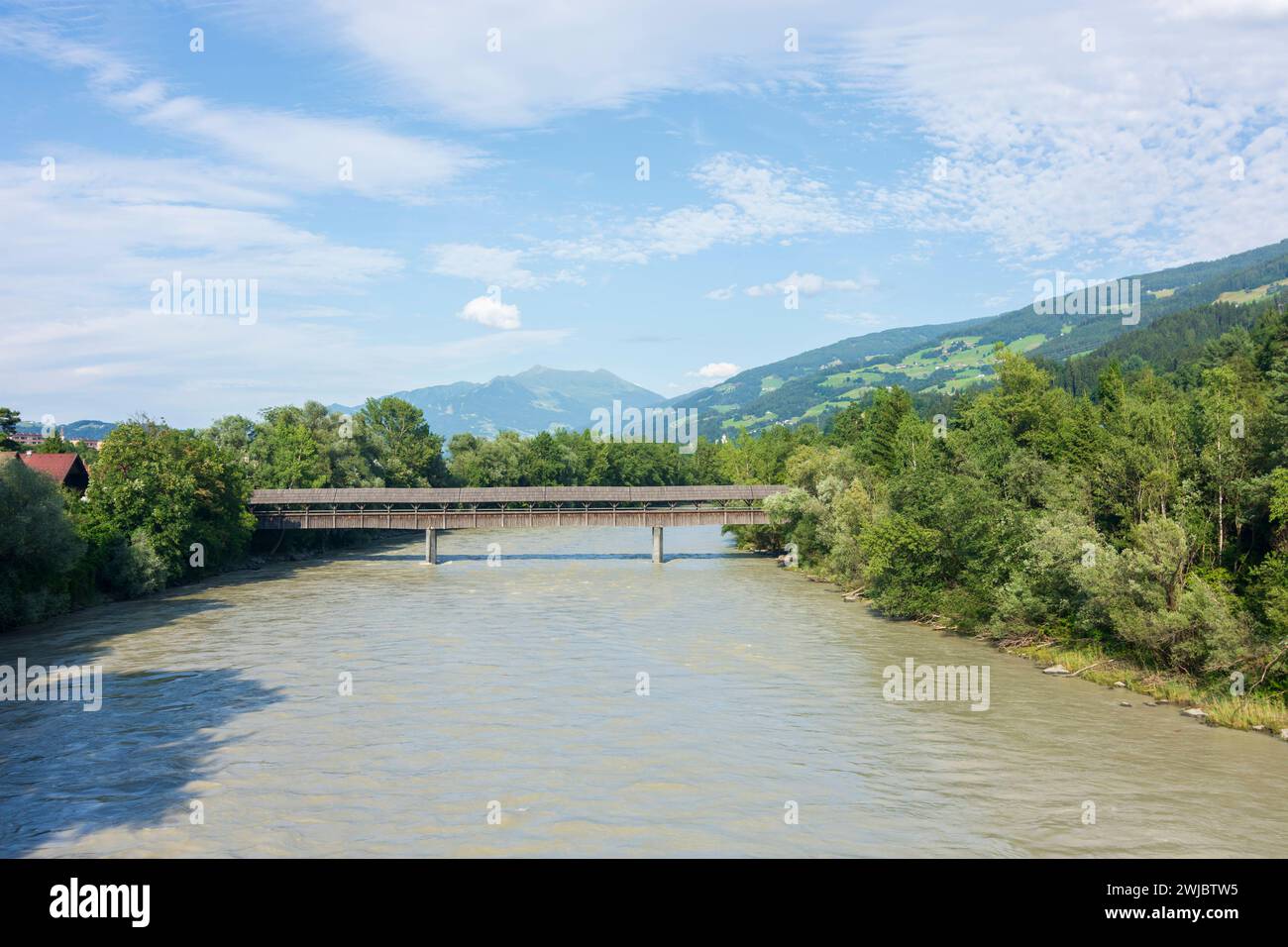 river Inn, wooden pedestrian bridge Innsteg Hall in Tirol Region Hall ...