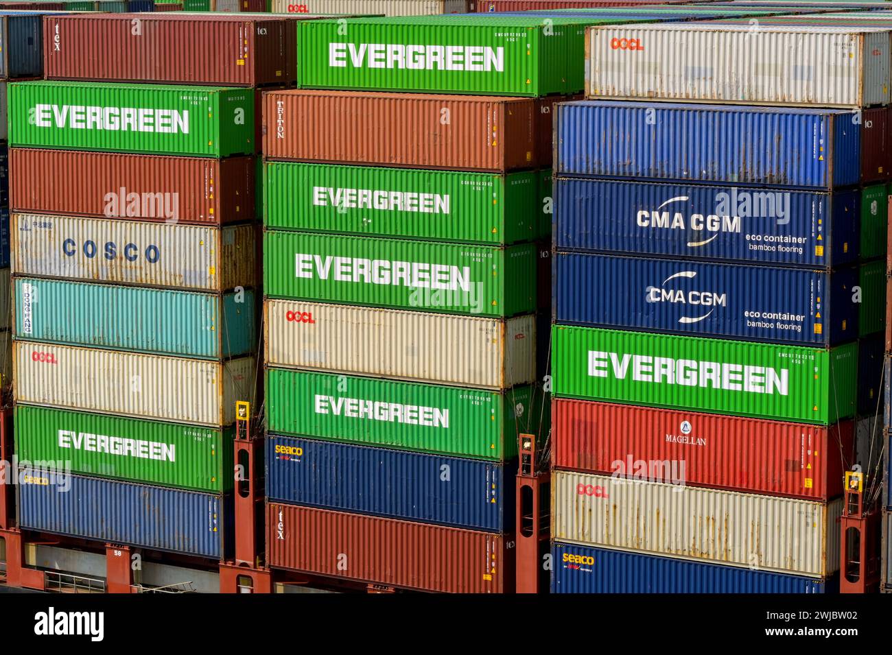 Colon, Panama - 22 January 2024: Shipping containers stacked high on a ...