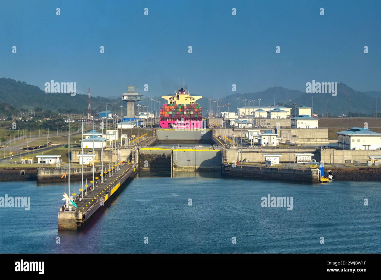 Panama Canal, Panama - 23 January 2024: Scenic view approaching one of ...