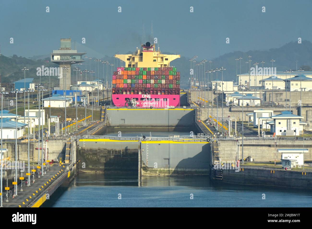 Panama Canal, Panama - 23 January 2024: Scenic view approaching one of ...