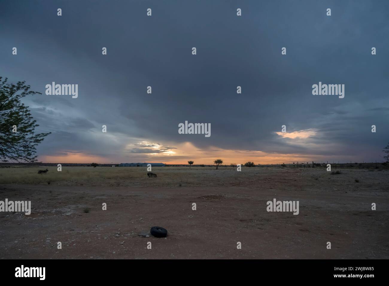 landscape with storm clouds at sunset on airfield hangars, shot in ...