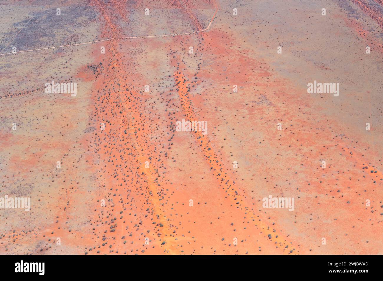 aerial landscape with gravel road and red dune stripes in Kalahari ...