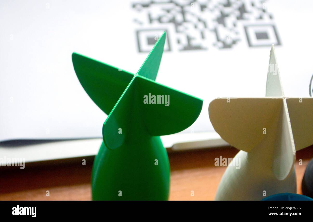 Prototype model of rocket bomb tip printed on 3D printer. Small colored ...