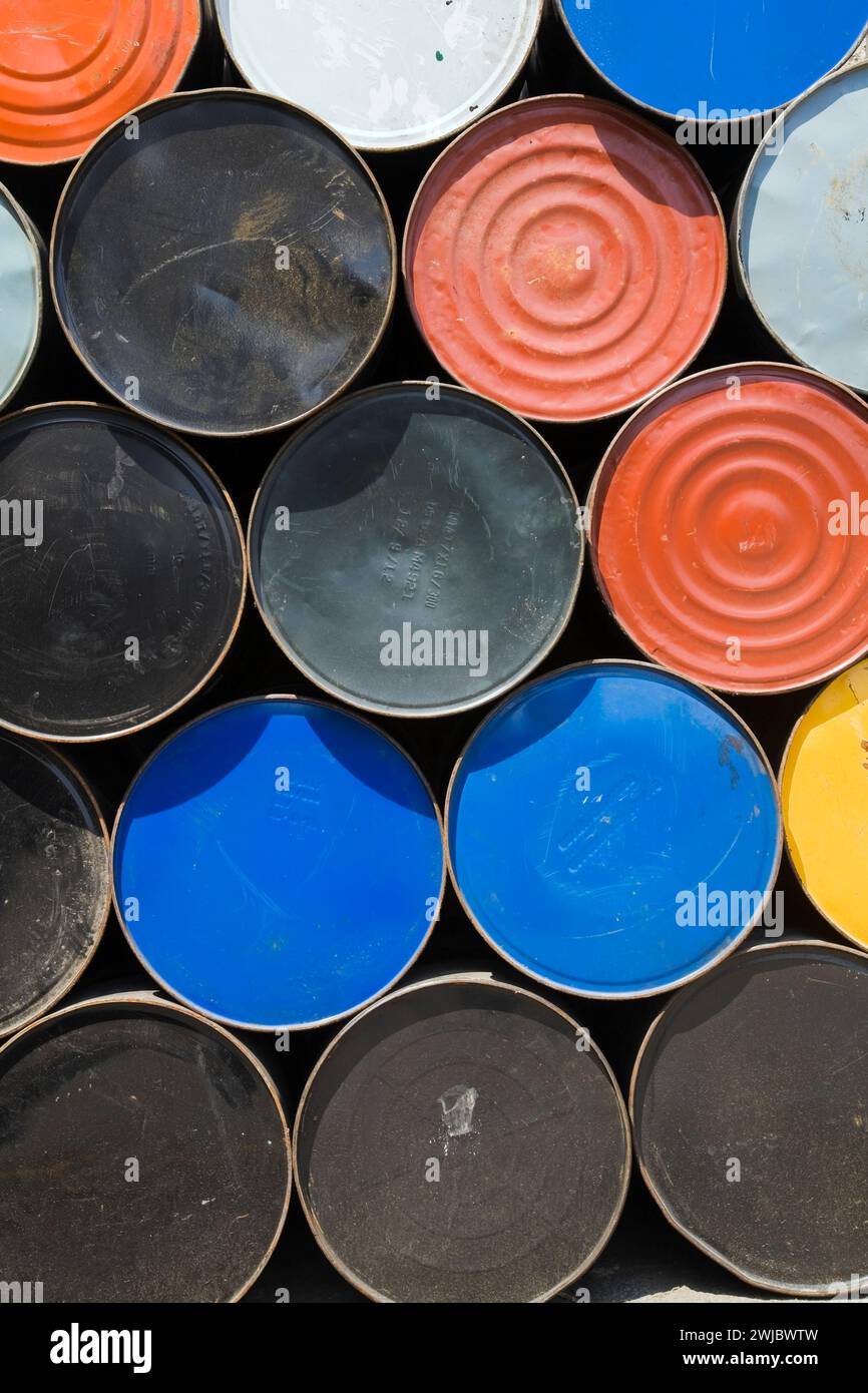 Stacked industrial oil and chemical drum containers Stock Photo - Alamy