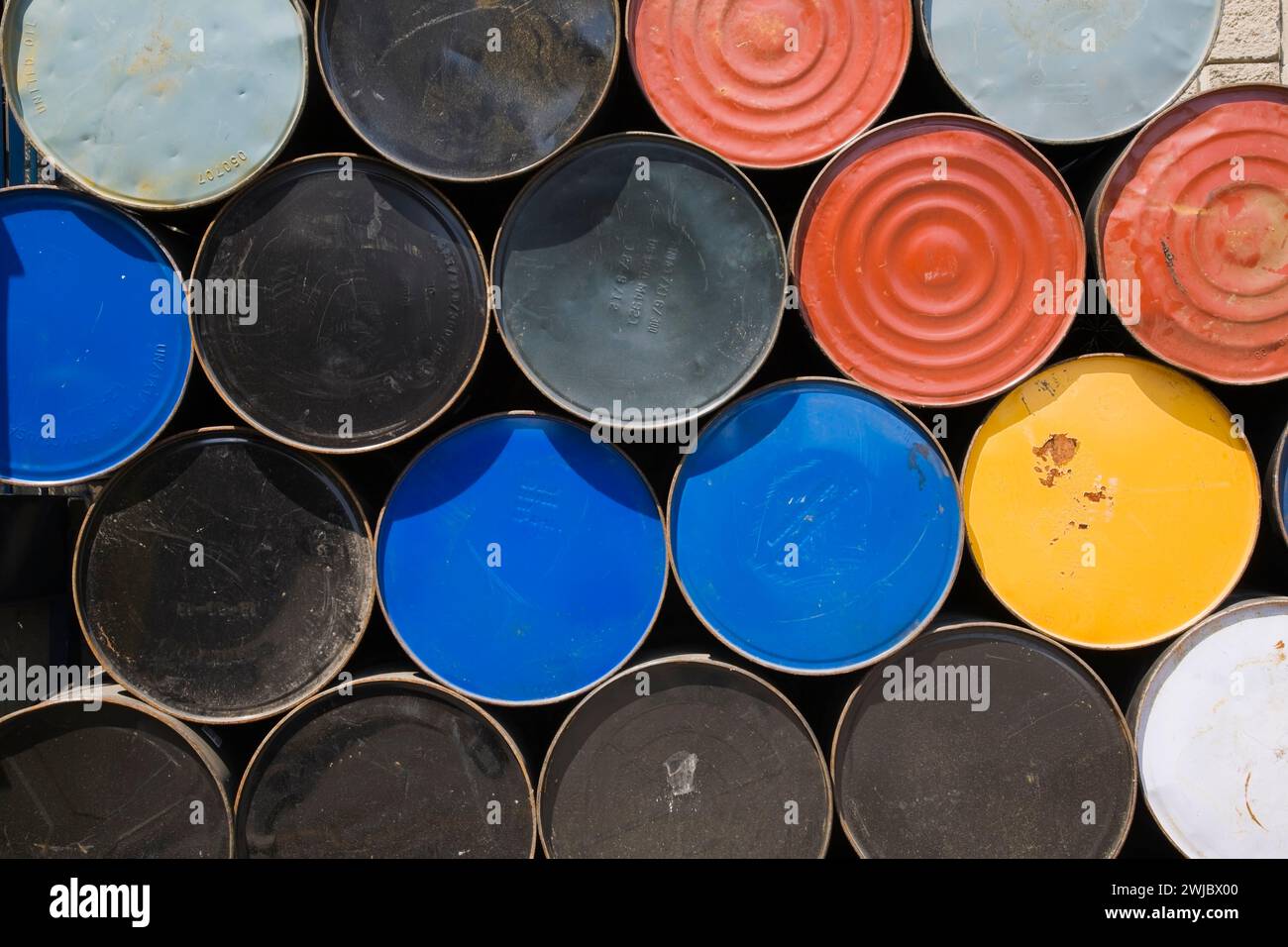 Stacked industrial oil and chemical drum containers Stock Photo - Alamy