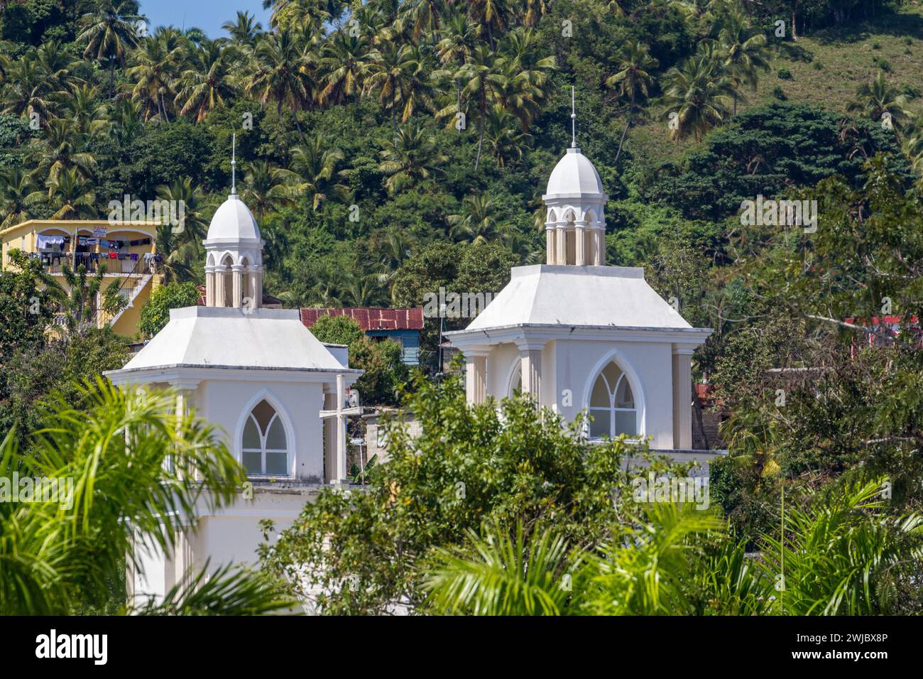 Bell towers of the Santa Barbara Parish church, a Roman Catholic church ...