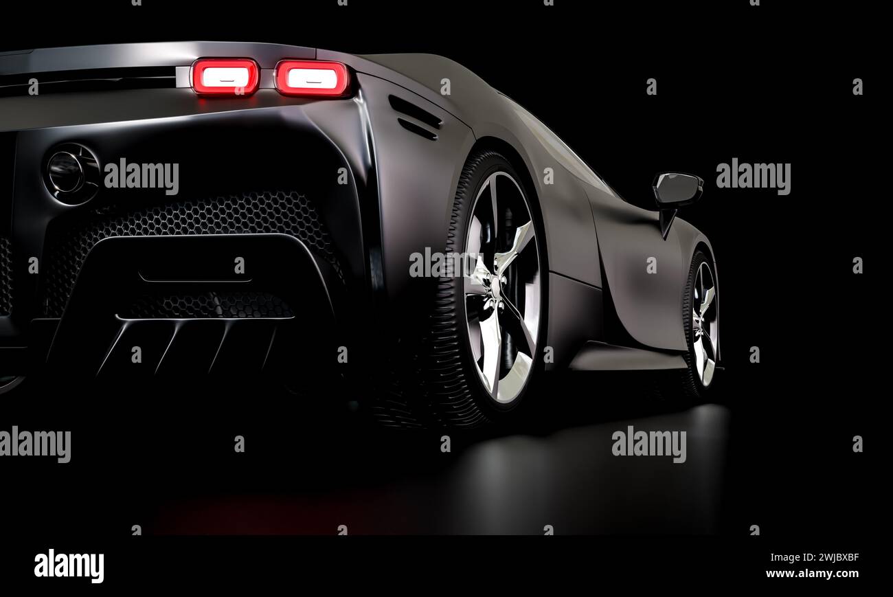 matt black luxury sports car, rear view, copyspace, dark background. 3d ...