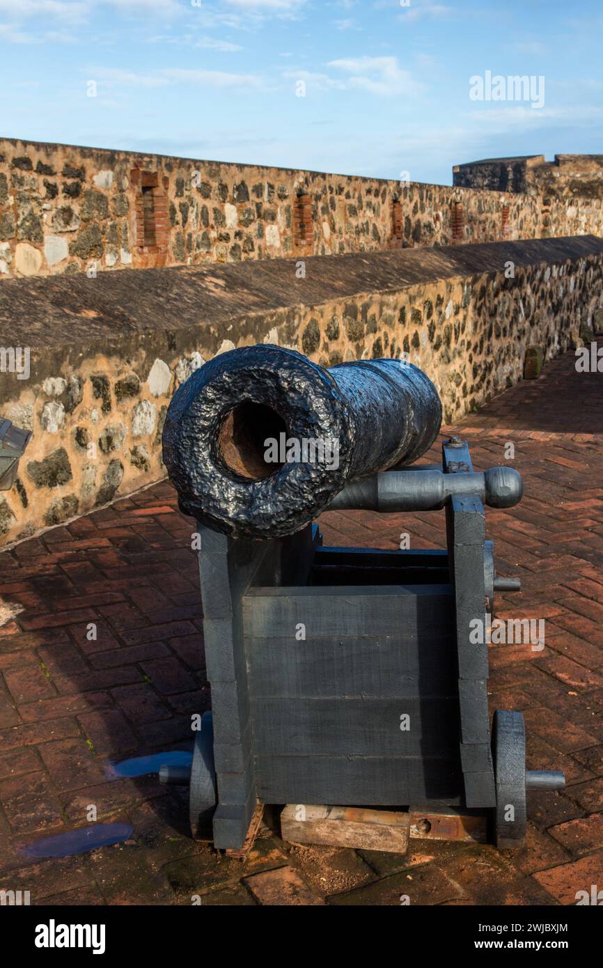 A colonial Spanish cannon on a wooden gun carriage at Fortaleza San ...